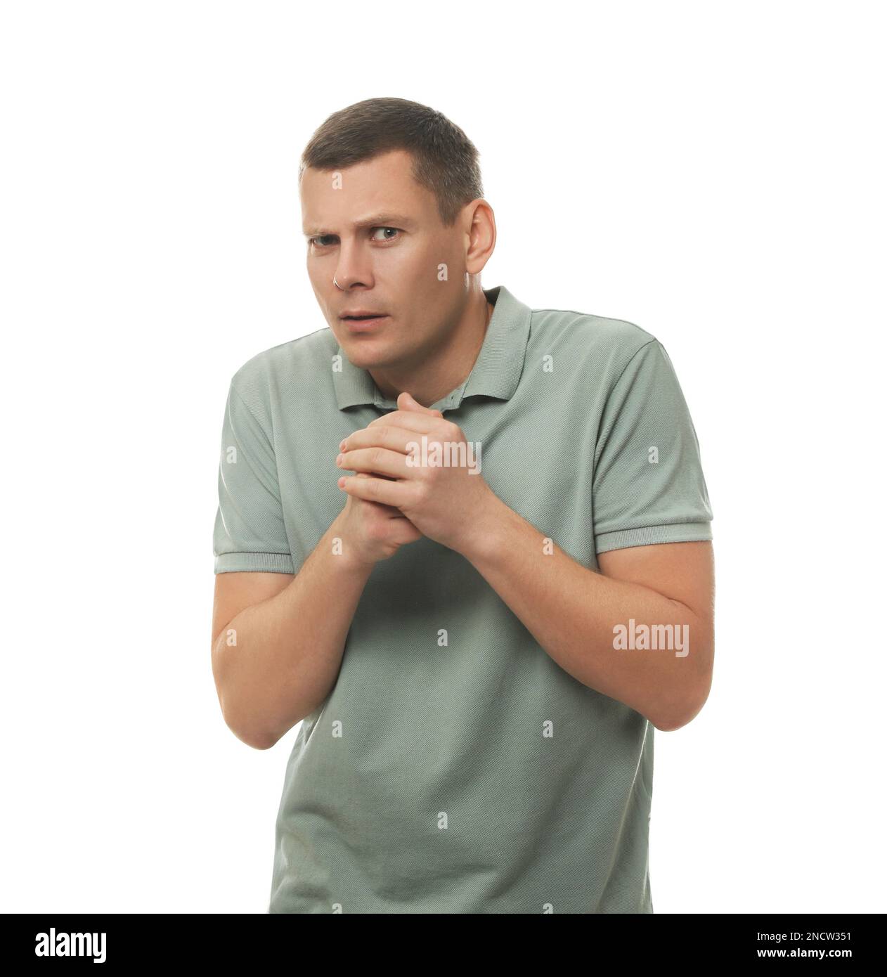 Mature man feeling fear on white background Stock Photo - Alamy