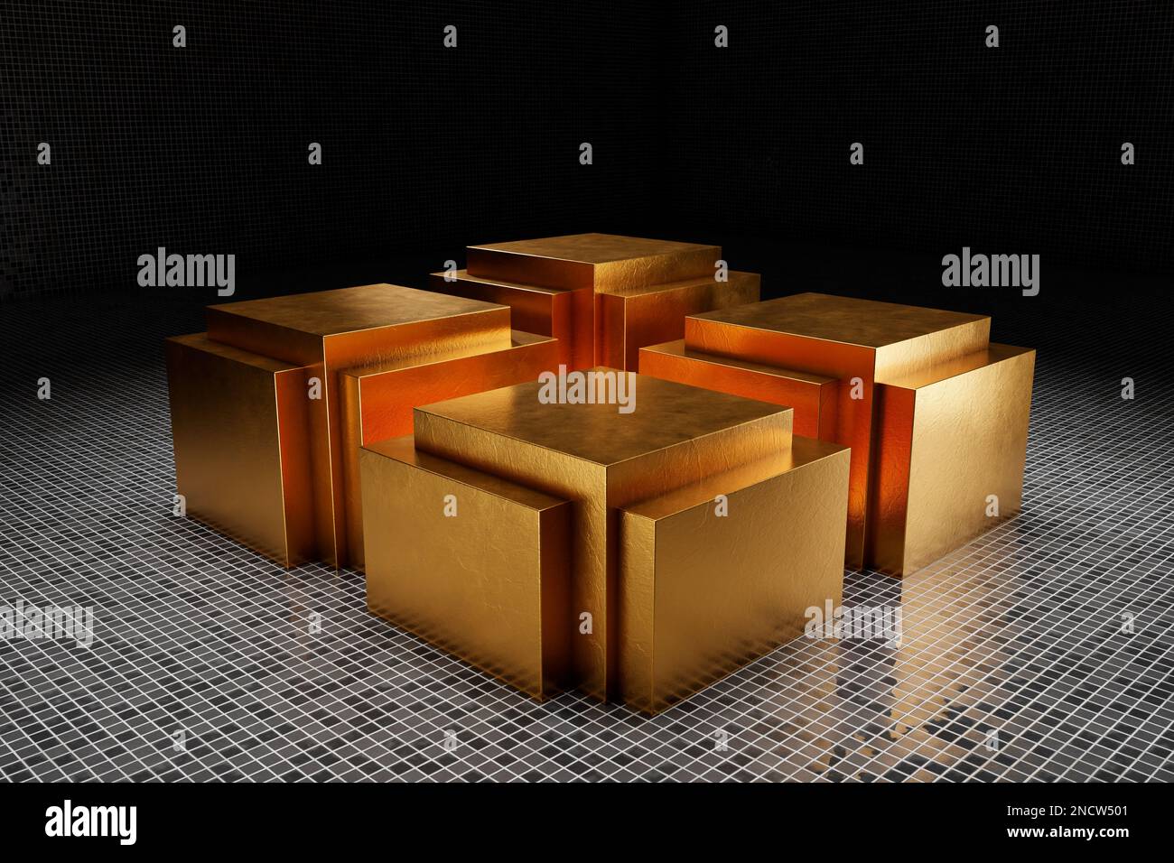 A 3D rendering of golden product advertisement stages Stock Photo - Alamy