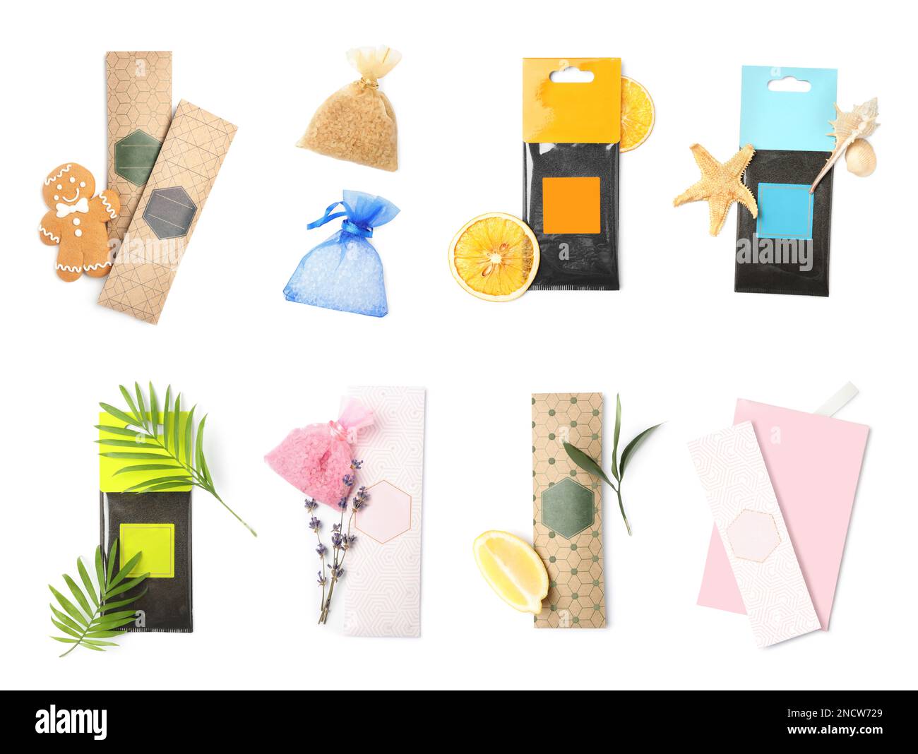 Set of scented sachets with different aromas on white background, top ...