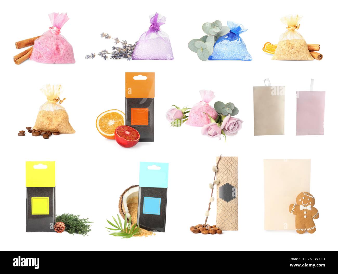 Set of scented sachets with different aromas on white background Stock ...