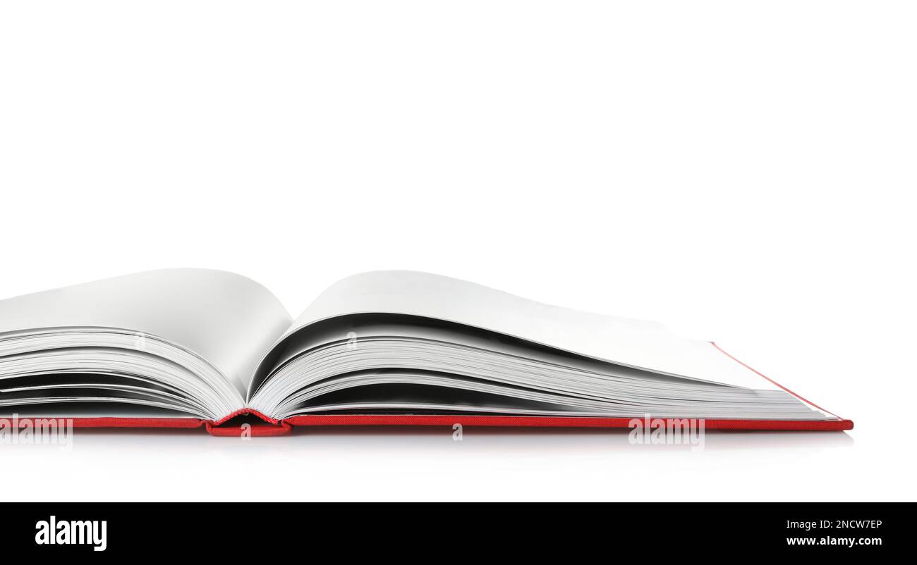 Open book with red cover on white background, closeup Stock Photo - Alamy