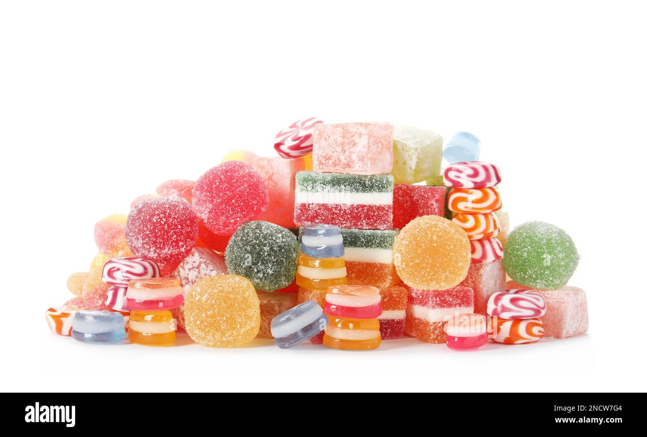 Pile of different tasty sweets on white background Stock Photo - Alamy