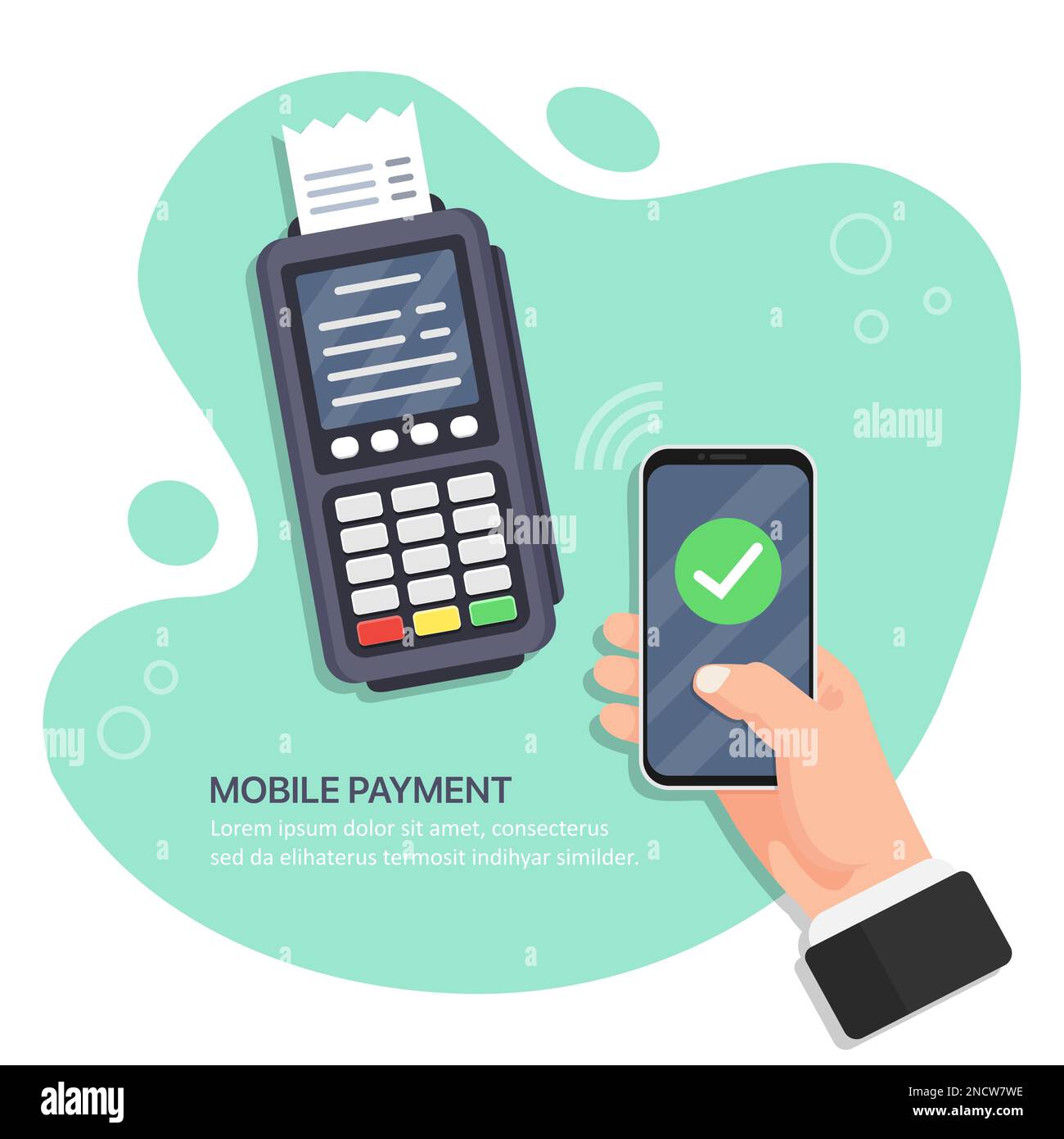 Successful payment operation. POS terminal confirms the payment by smartphone. Hand holding ...