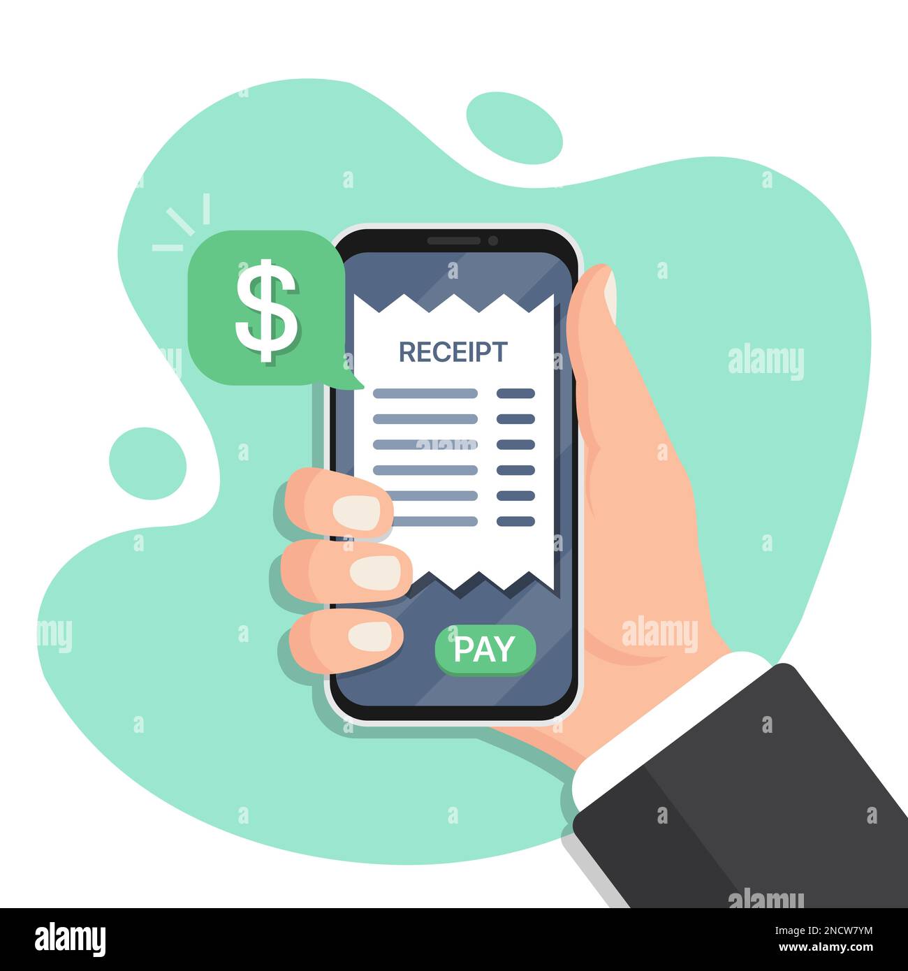 Hand holding smartphone with receipt bill in a flat design. Smartphone ...