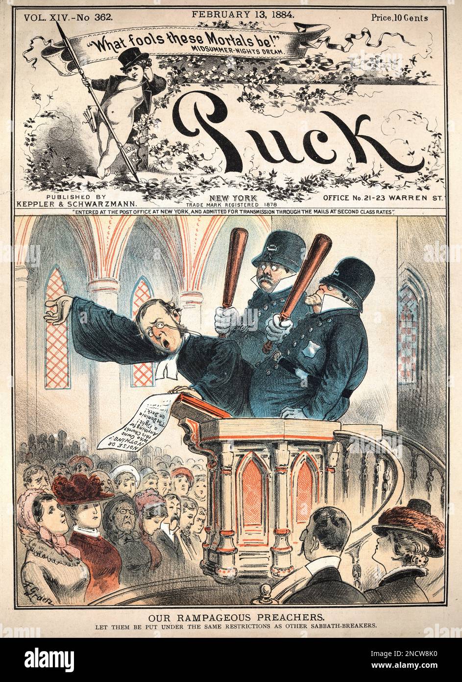 Vintage engraving of Satirical American cartoon, Police officers arrest ...