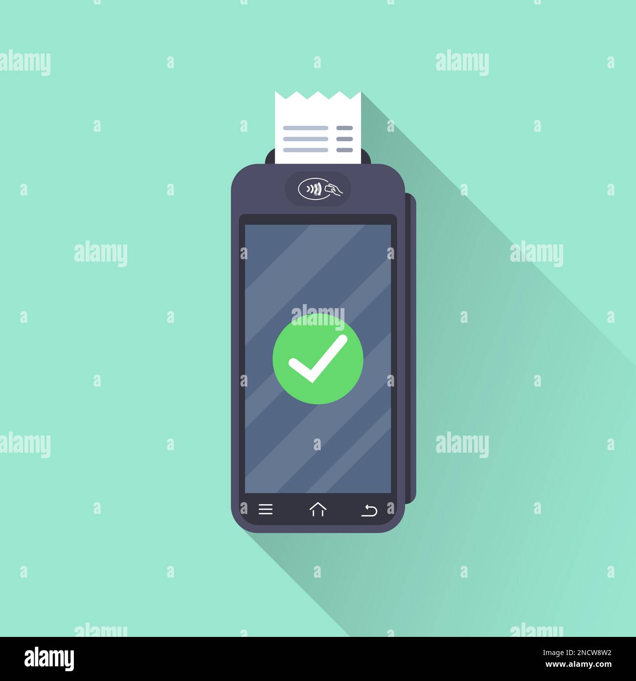 Successful payment operation. POS terminal printed reciept with green ...