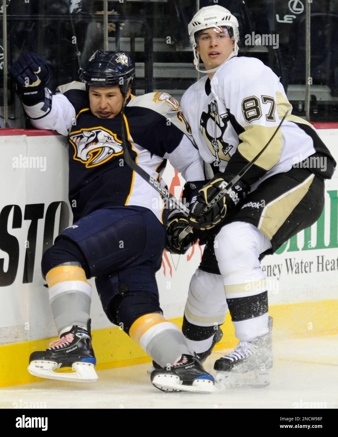 Pittsburgh Penguins center Sidney Crosby (87) checks Nashville ...