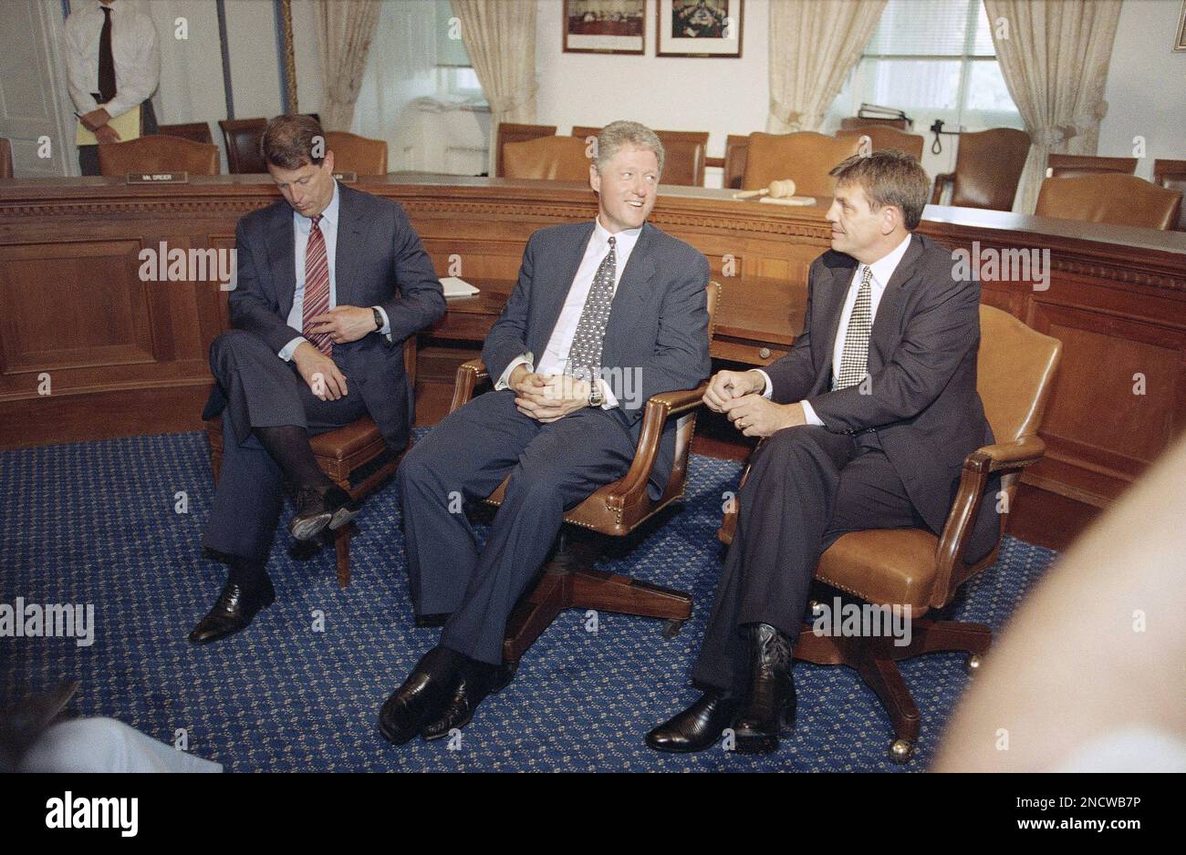 President Bill Clinton speaks with Rep. Mike Synar, D-Okla, on Capitol ...