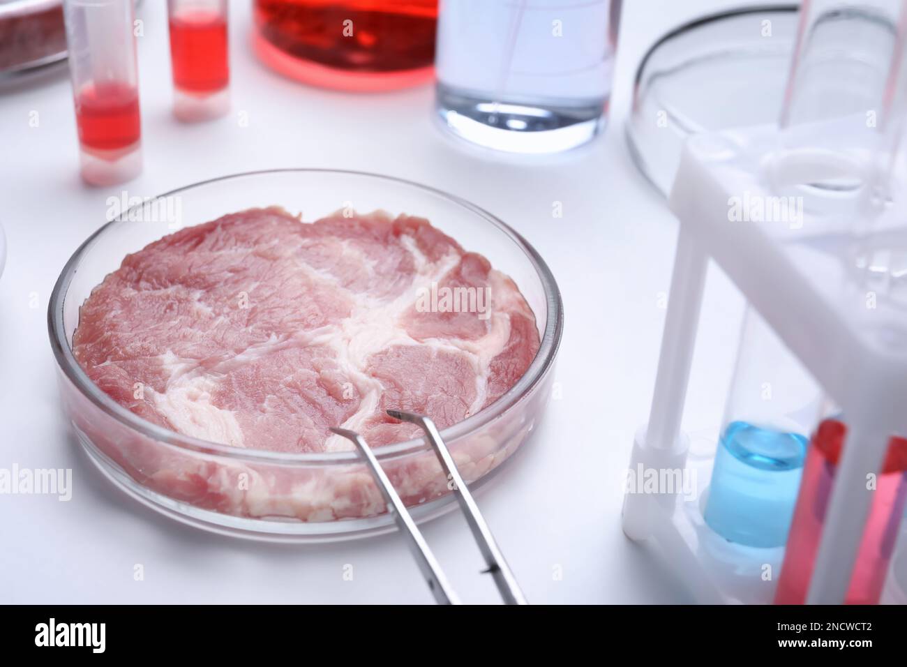 Sample of cultured meat on white lab table Stock Photo - Alamy