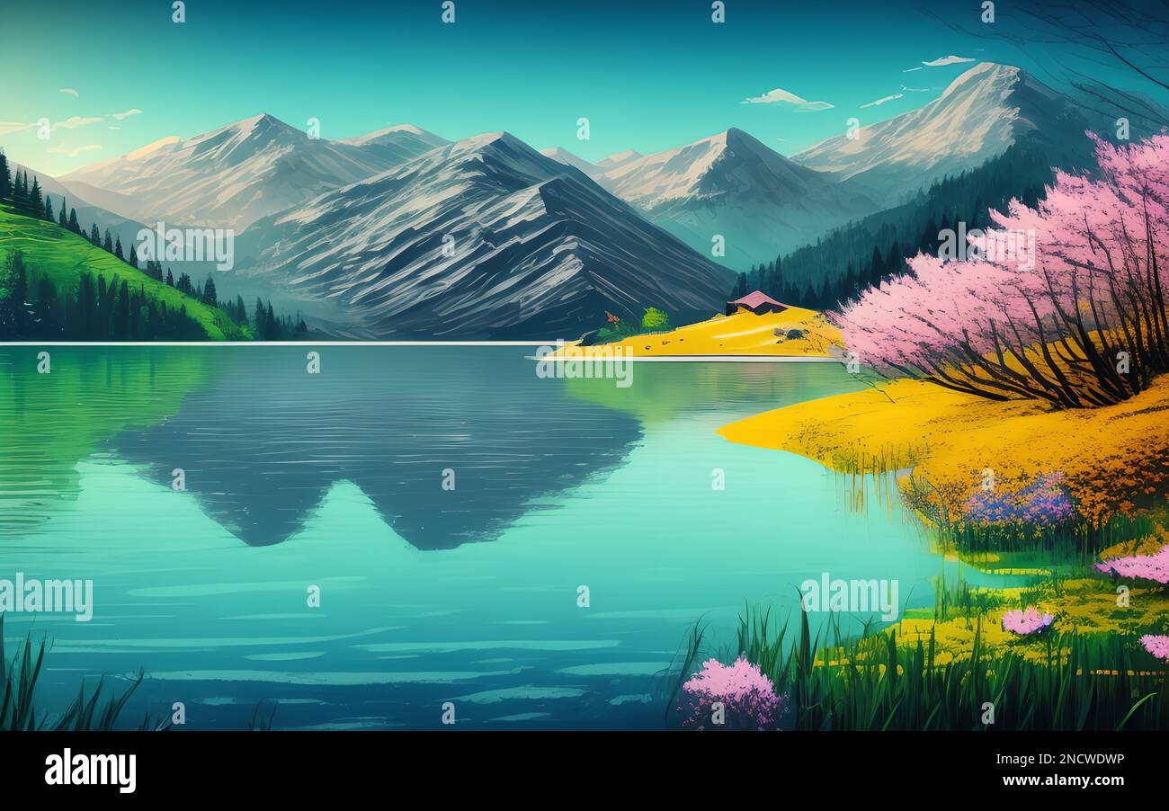 View on spring landscape next to lake.Digital art created by generative ...