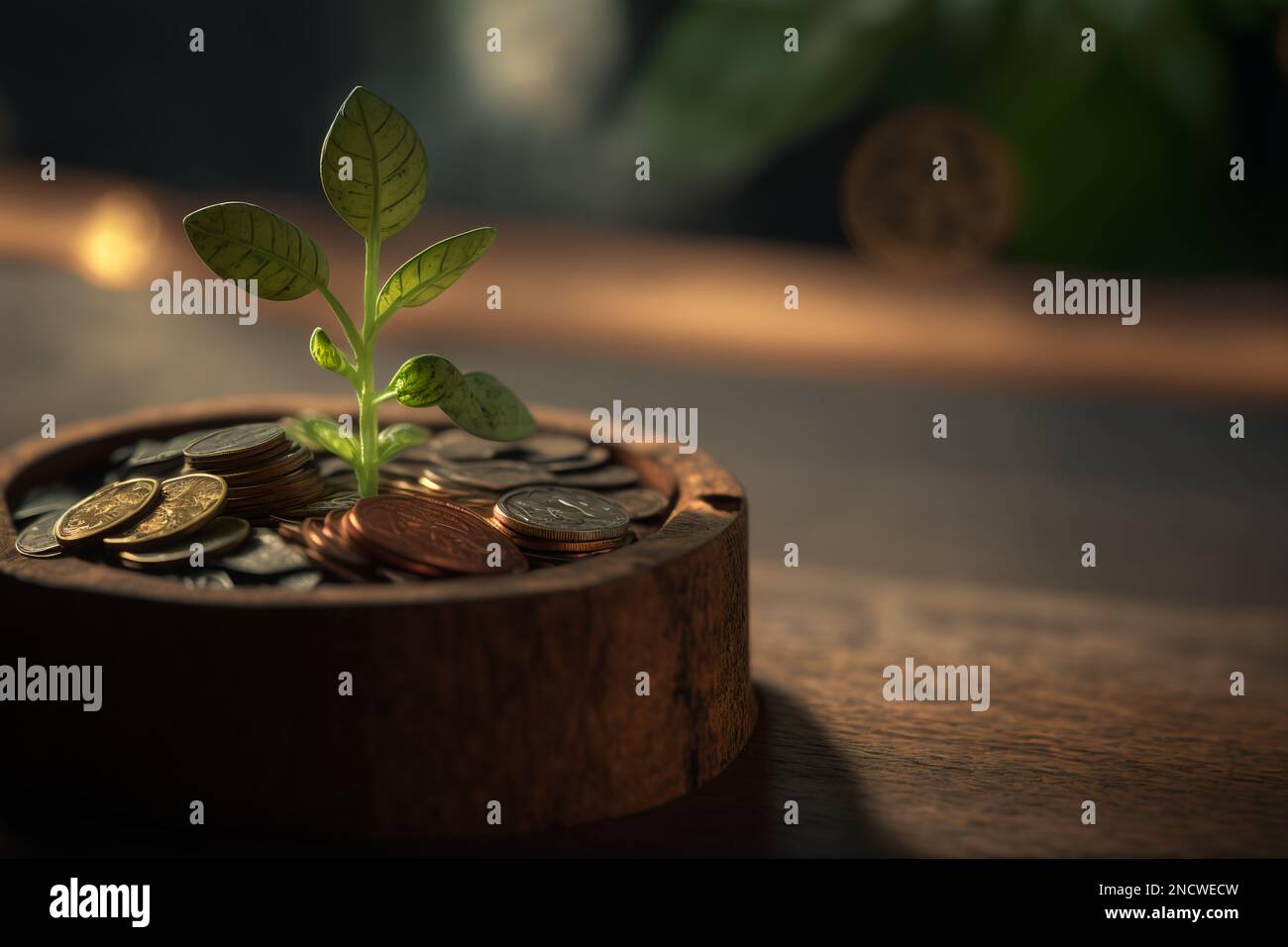 A pot of money, which is filled with coins, in which a small plant ...