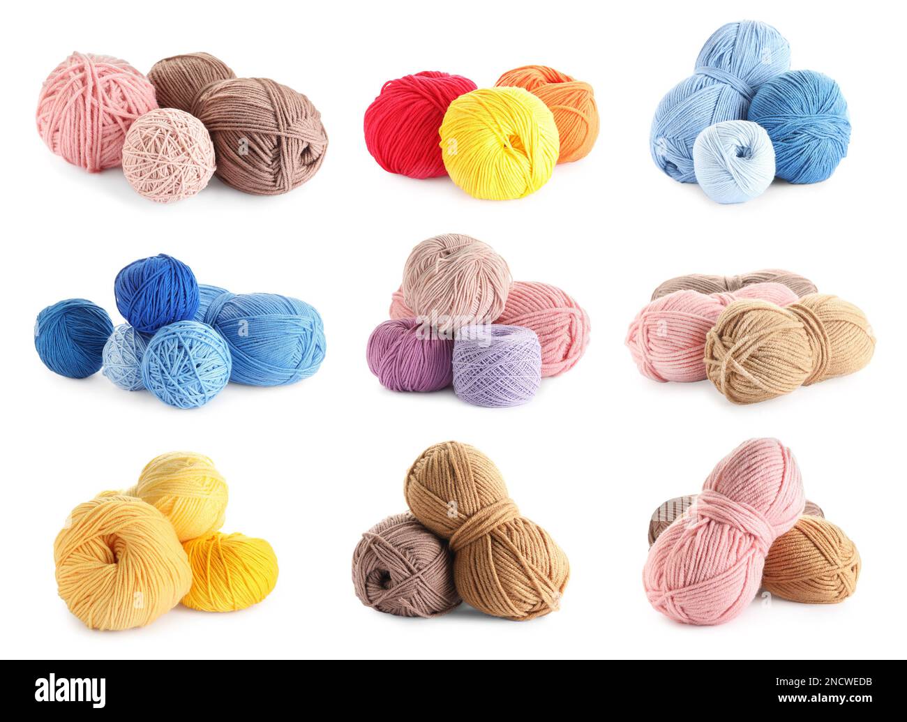 Set with different woolen yarns on white background Stock Photo - Alamy