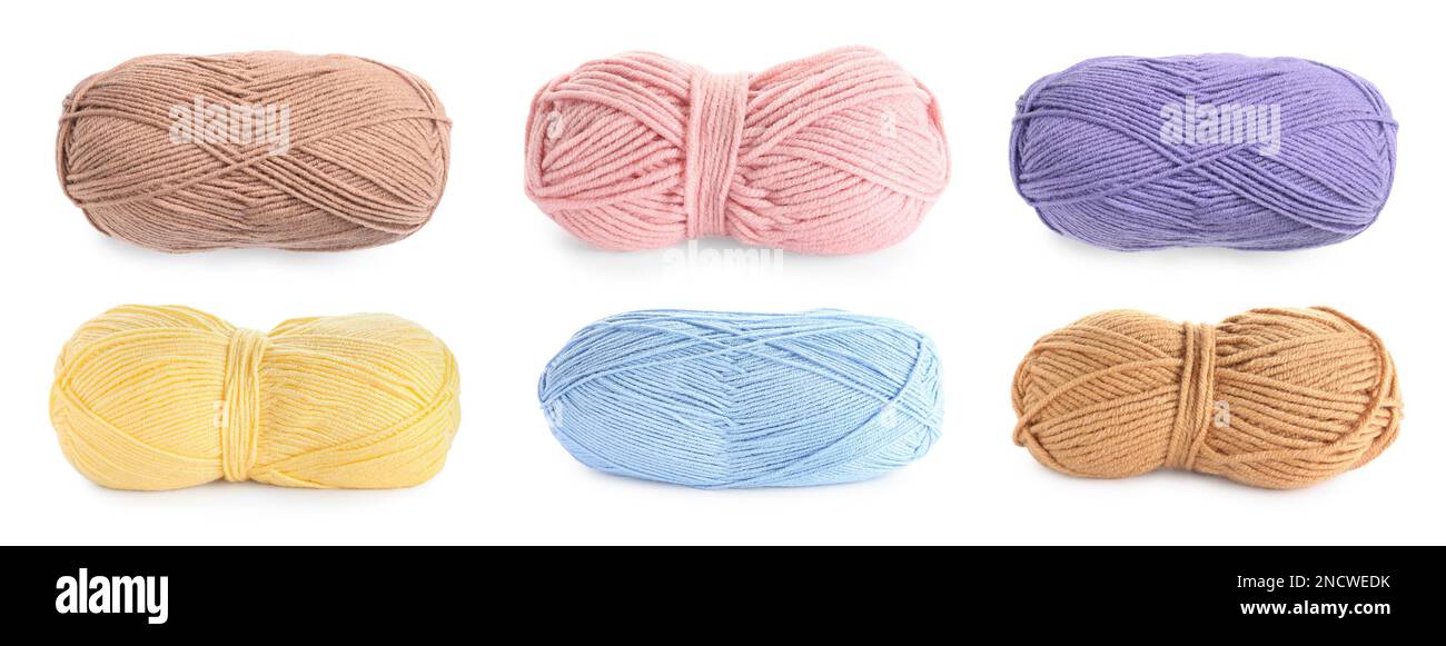 Set with different woolen yarns on white background. Banner design ...