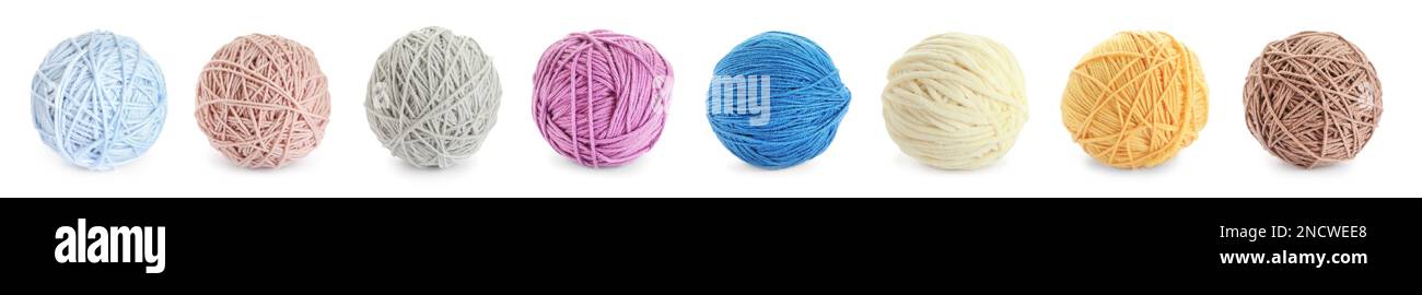 Set with different woolen yarns on white background. Banner design ...