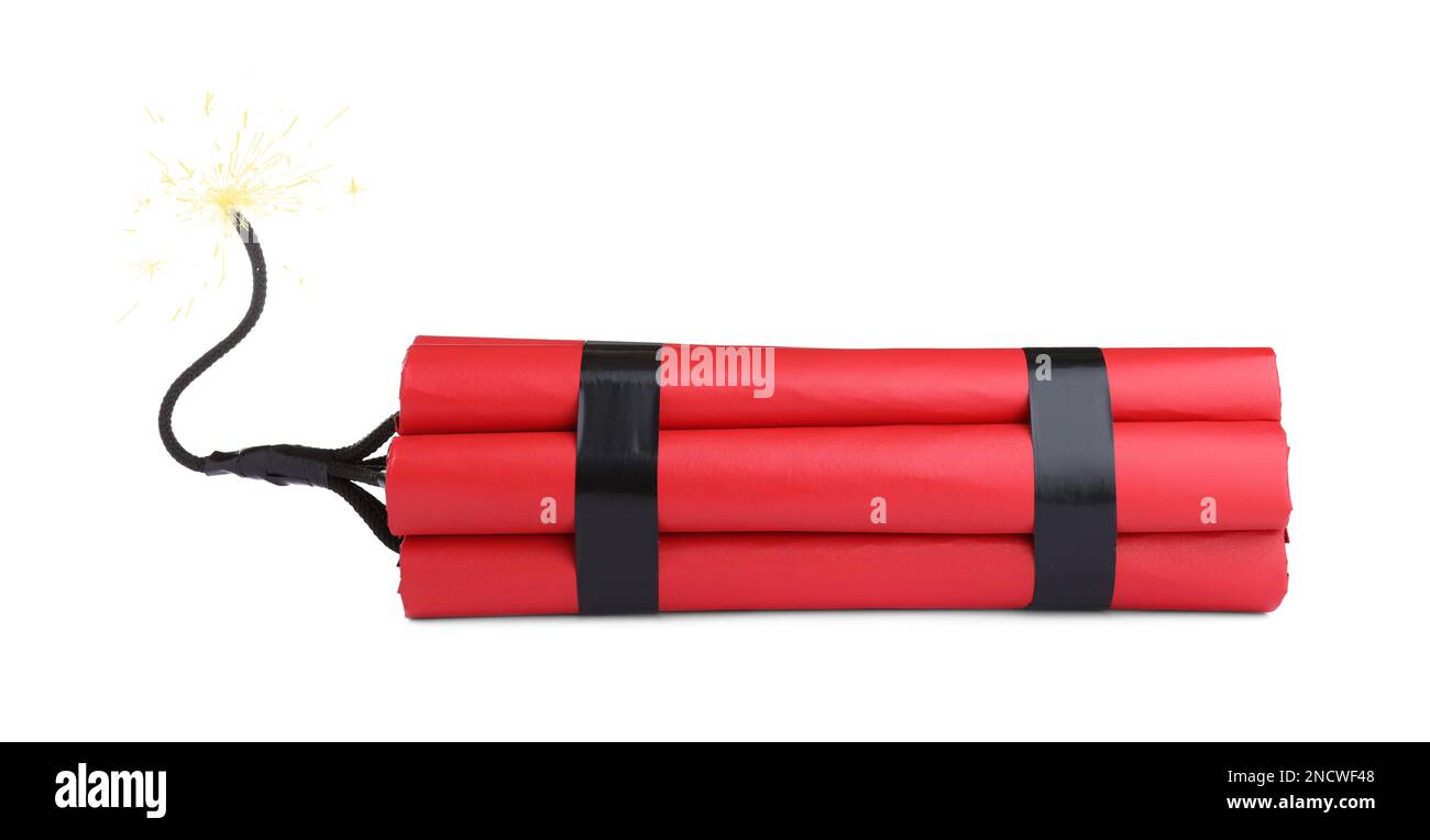 Dynamite bomb with lit fuse on white background Stock Photo - Alamy