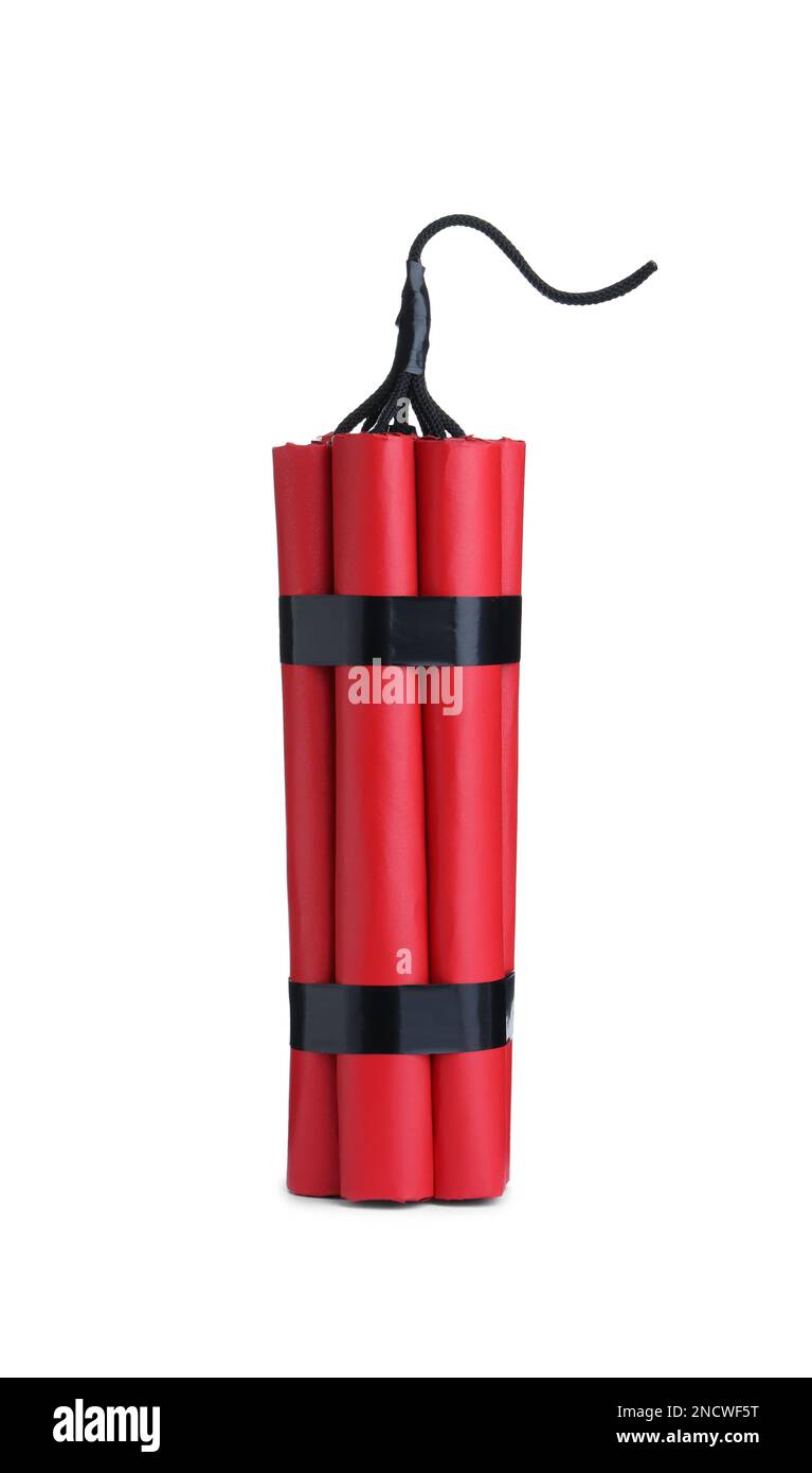 Red explosive dynamite bomb on white background Stock Photo - Alamy