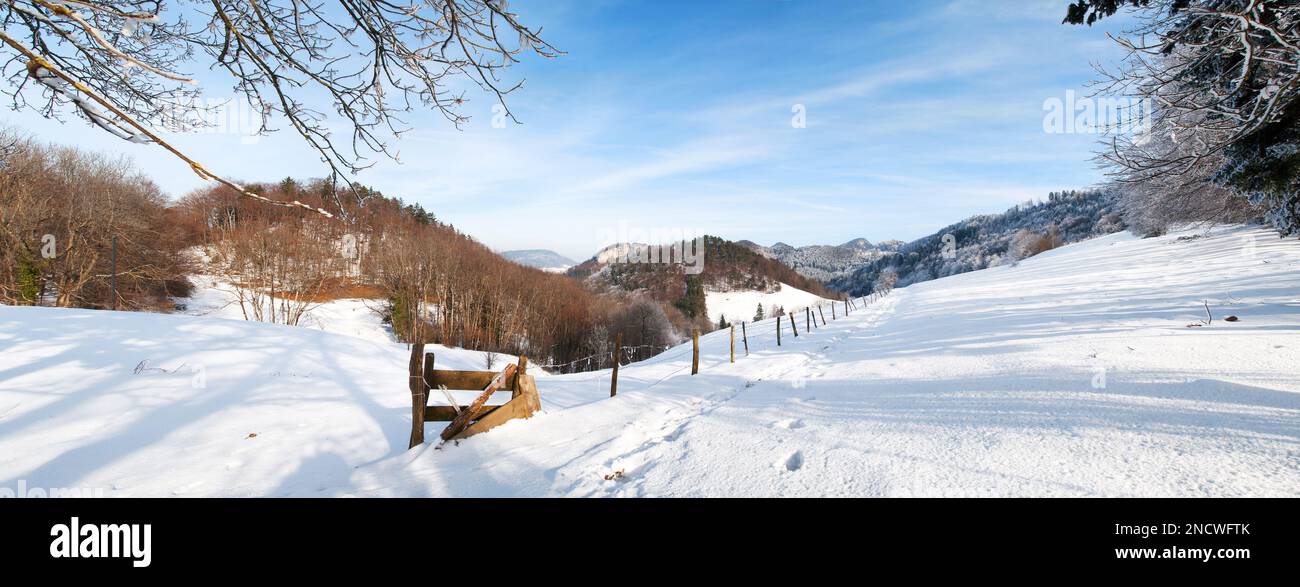 Snow panorama in the countryside in Baselland, Switzerland (stitched ...
