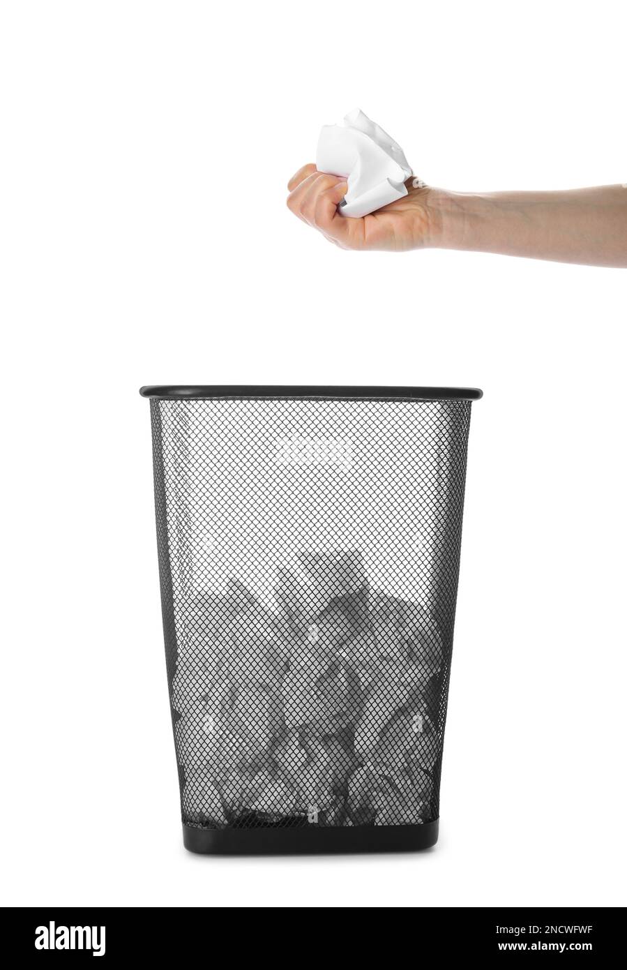Woman holding crumpled sheets of paper over trash bin, collage Stock ...