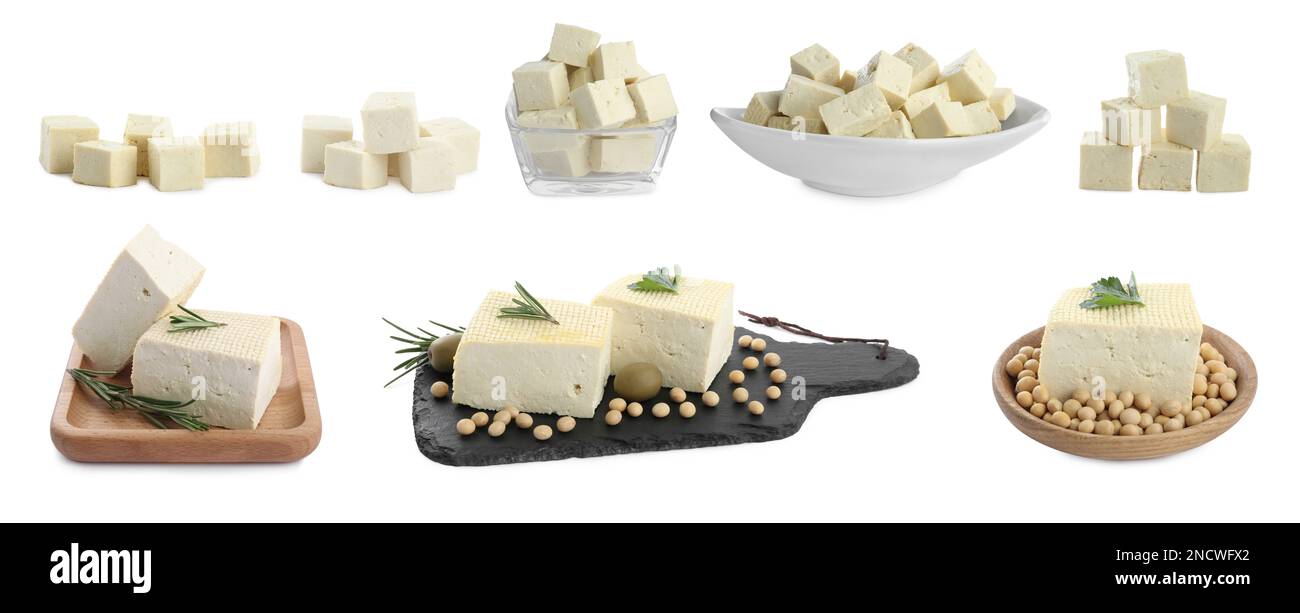 Set with delicious tofu on white background. Banner design Stock Photo ...