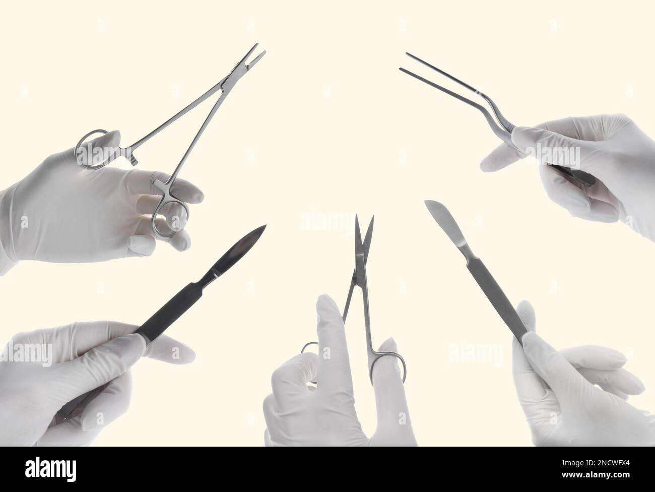 Collage with photos of doctors holding different surgical instruments ...