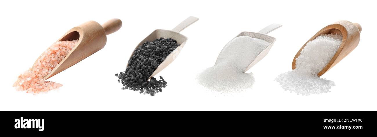 Set with different kinds of salt on white background. Banner design ...