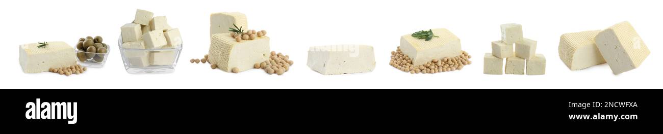 Set with delicious tofu on white background. Banner design Stock Photo ...