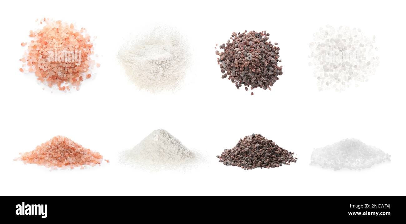 Set with different kinds of salt on white background. Banner design ...