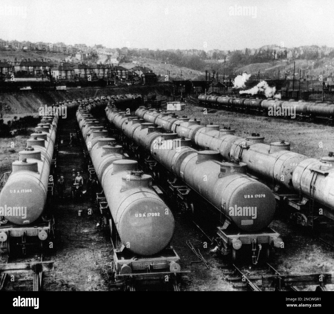 Columns of American-built tank cars assembled by British civilian labor ...