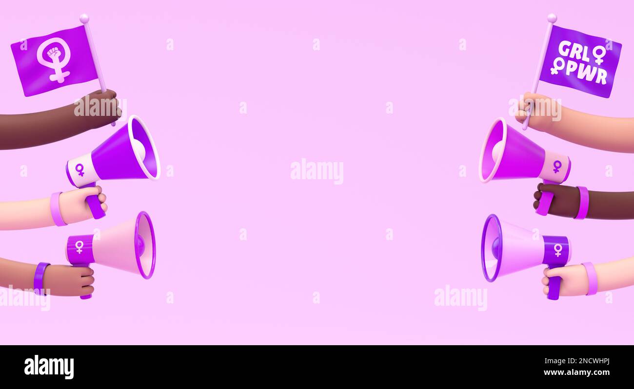 Women's Day banner with multi ethnic activist women hands, flags ...