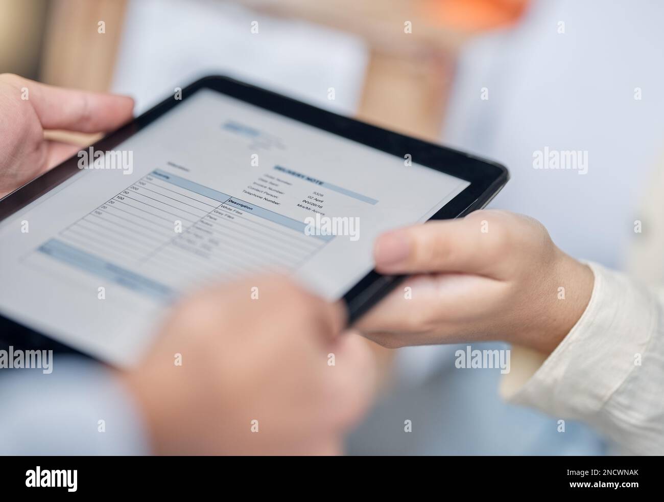 Information, delivery and hands on a tablet for a signature, shipping ...