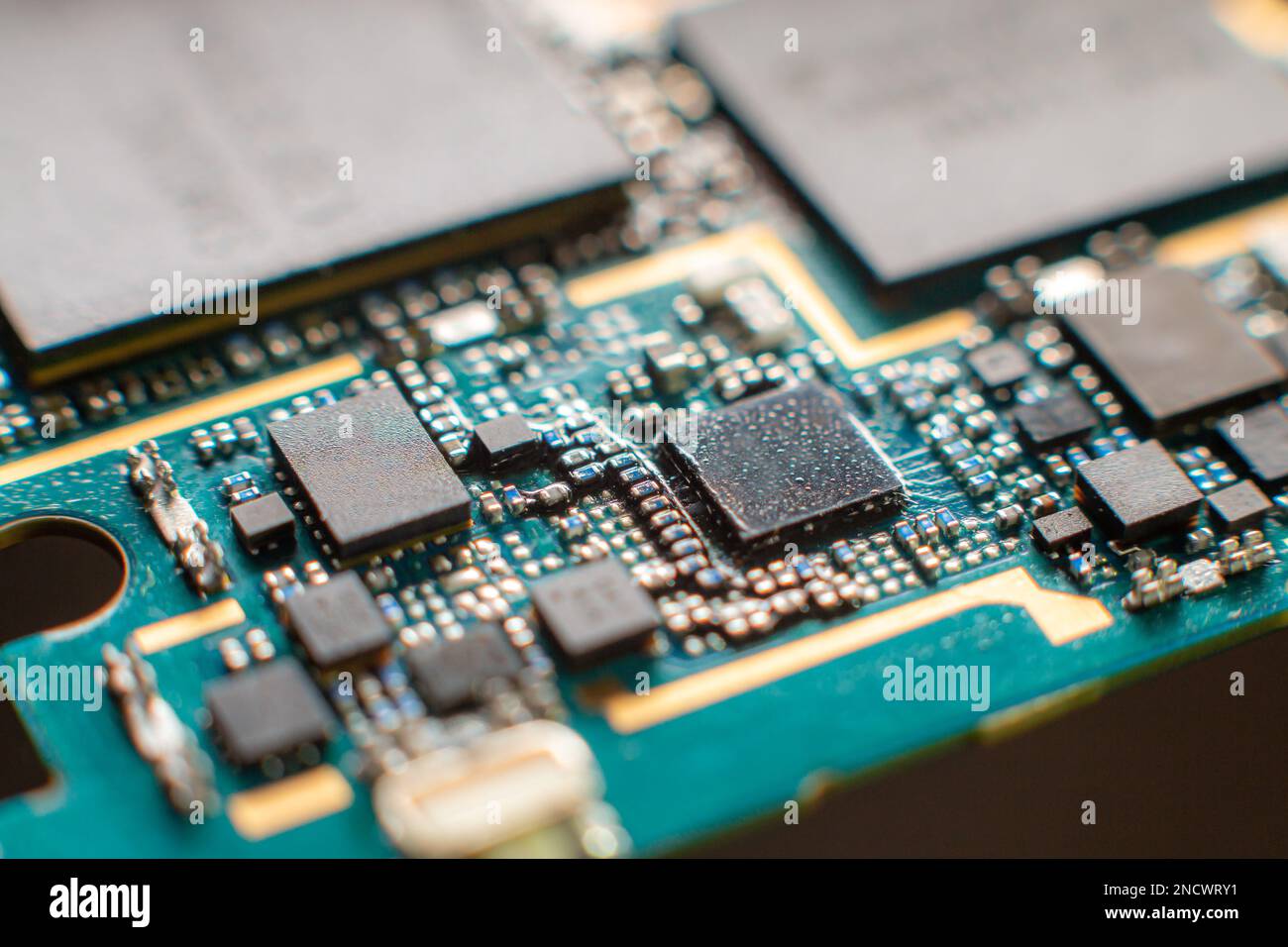Smartphone PCB and chips super close-up - very small SMD elements Stock ...