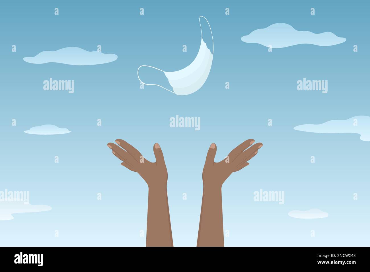 African man throw up medical mask in the air. Lockdown is over. Vector ...