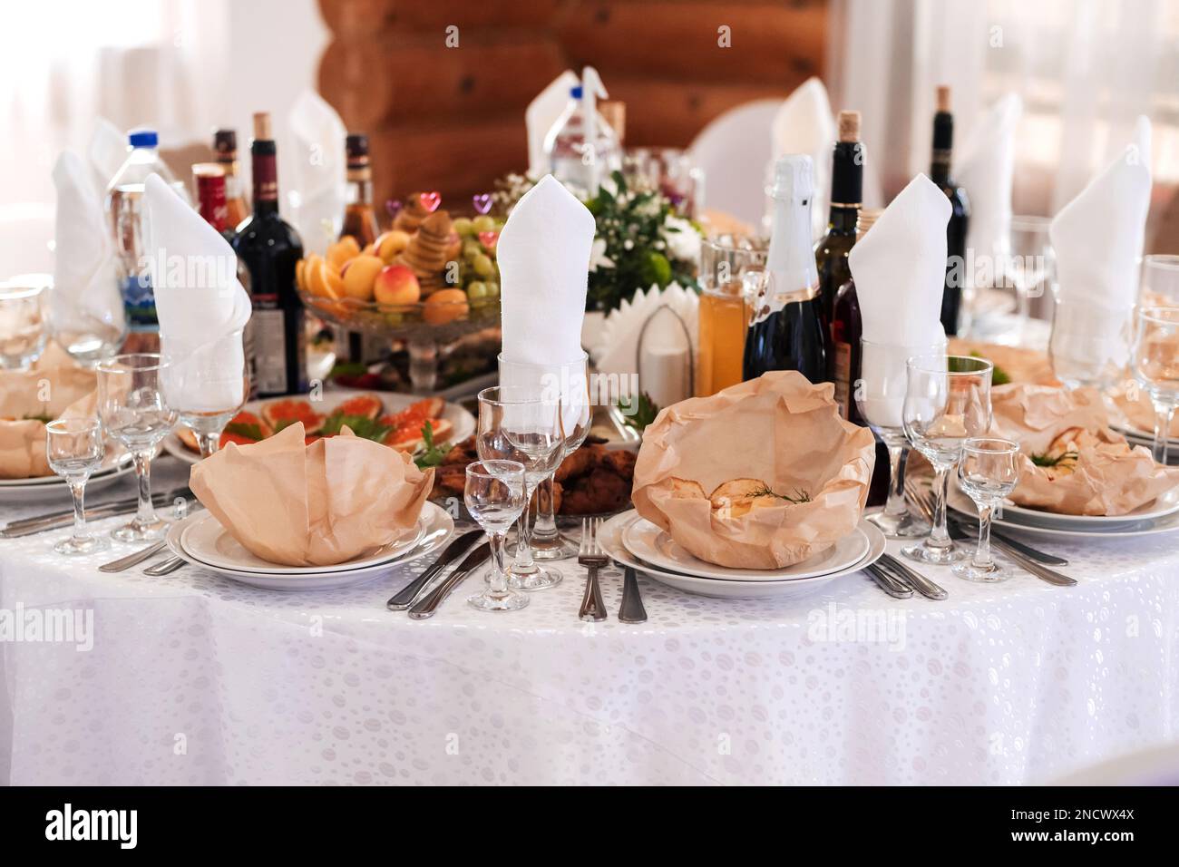table set with light snacks, canapes glasses Stock Photo - Alamy