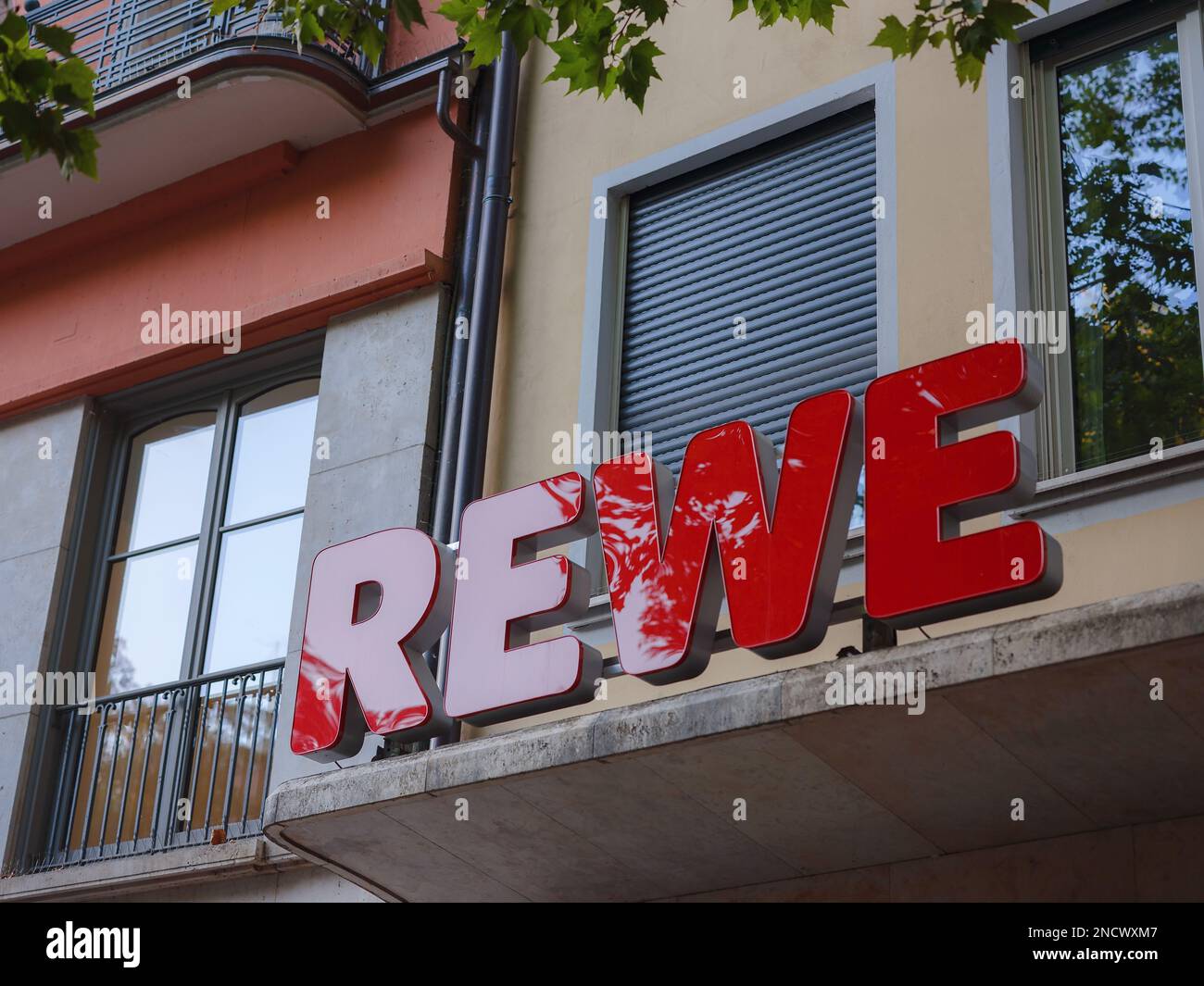 Munich, Germany - August 5, 2022: Logo of REWE supermarket in Germany ...