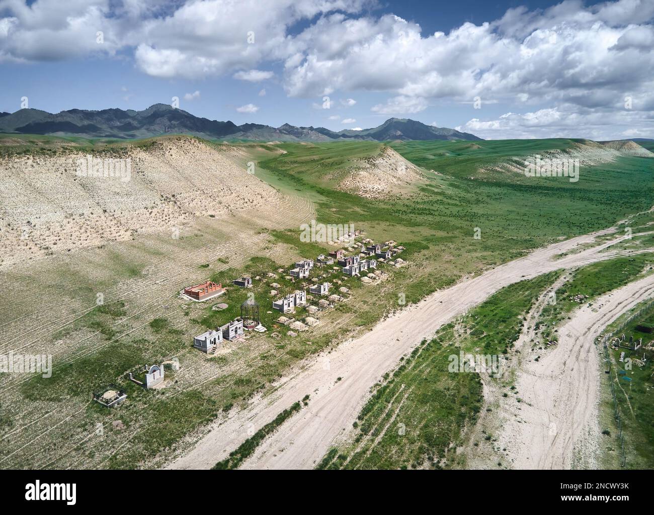 Aerial view of the Muslim cemetery mazar near country road in the ...
