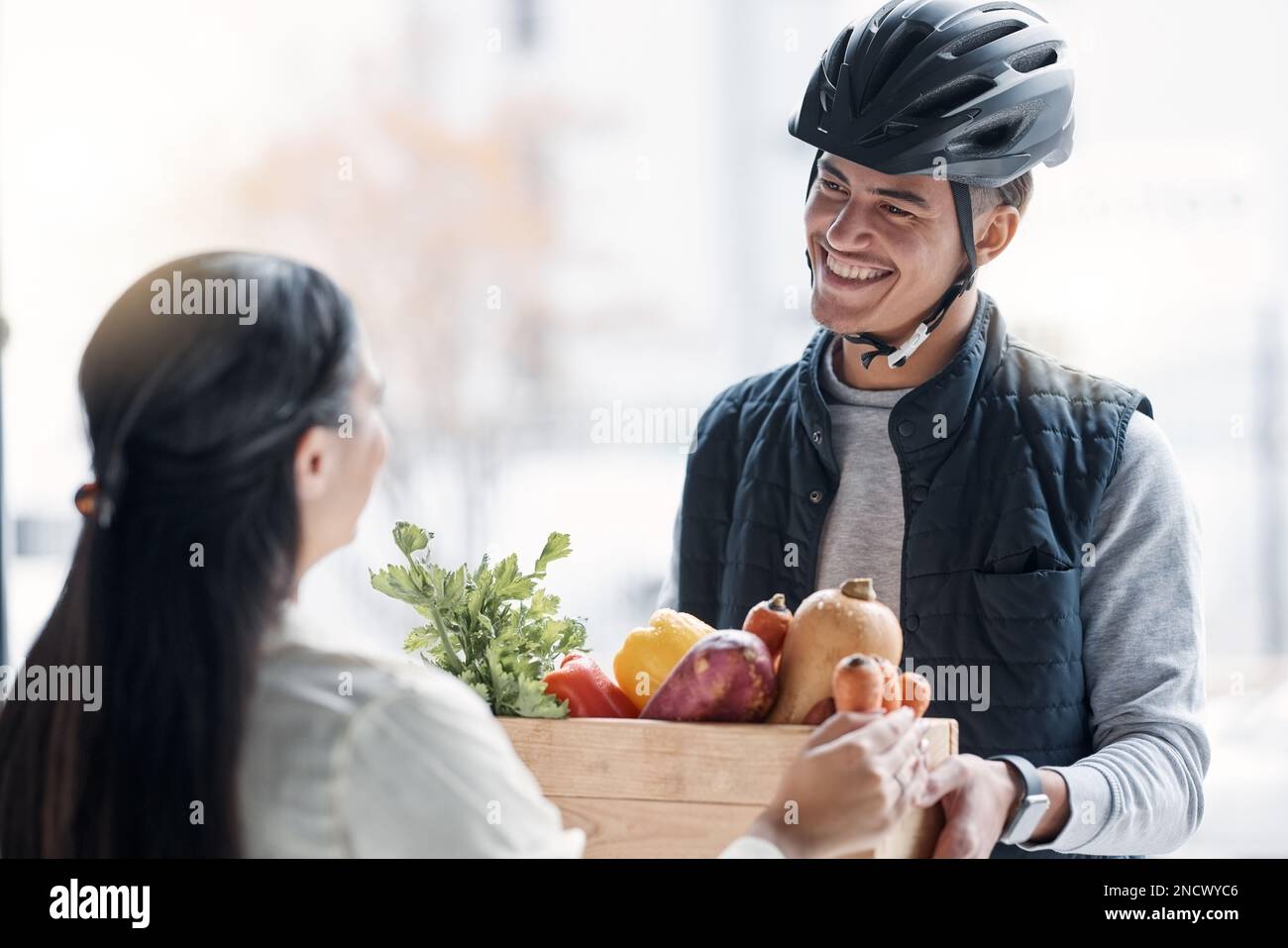 Grocery customer, courier delivery and man with retail sales product ...