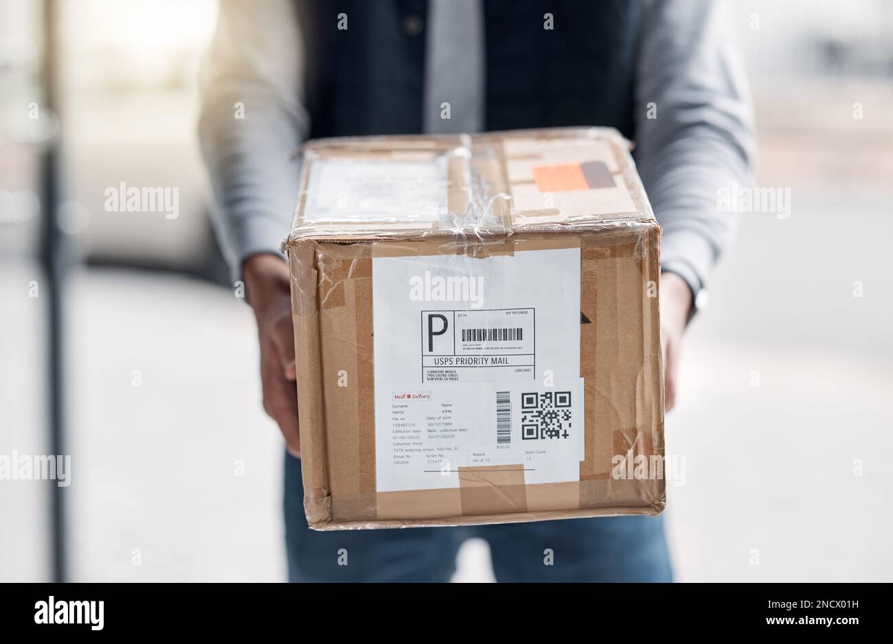 Box qr code, hands and delivery man shipping retail sales product ...