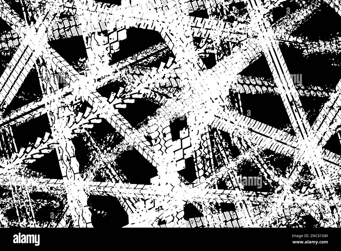 White tire tread print or car track with grunge effect on black ...