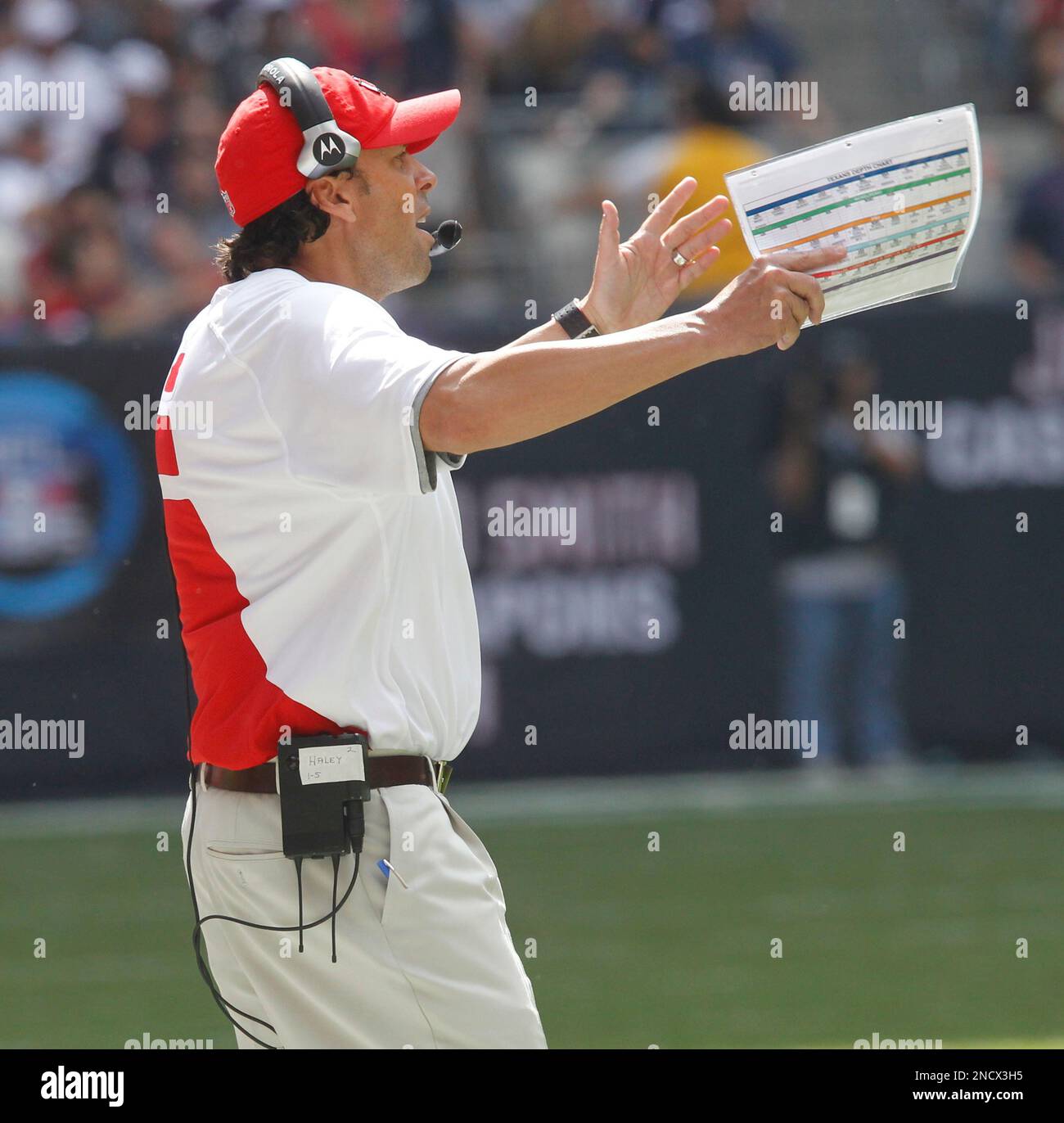 Kansas City Chief coach Todd Haley calls to his team during the second ...