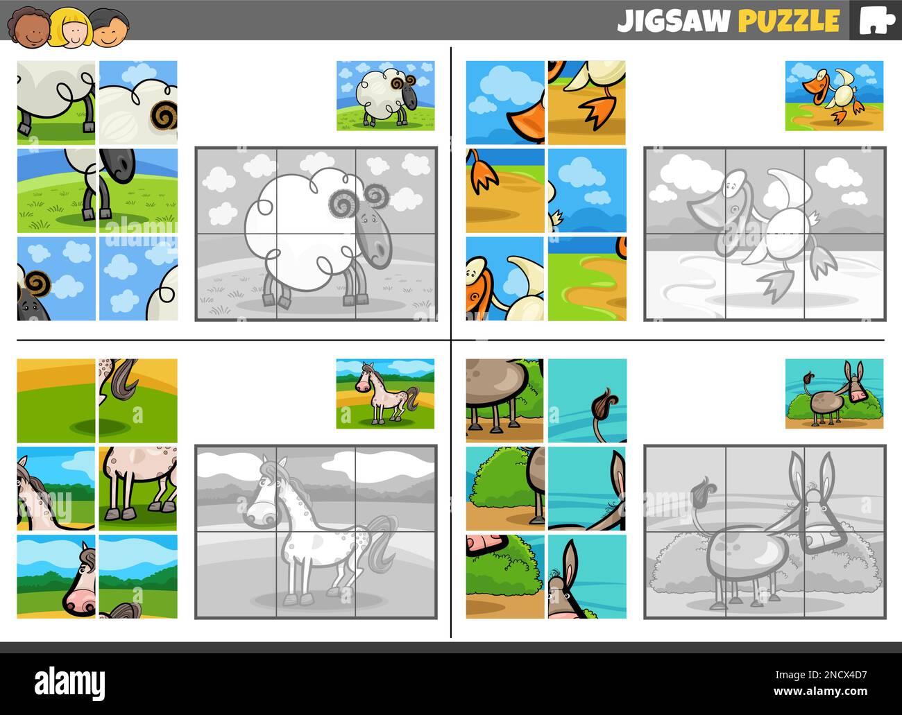 Cartoon illustration of educational jigsaw puzzle games set with farm ...
