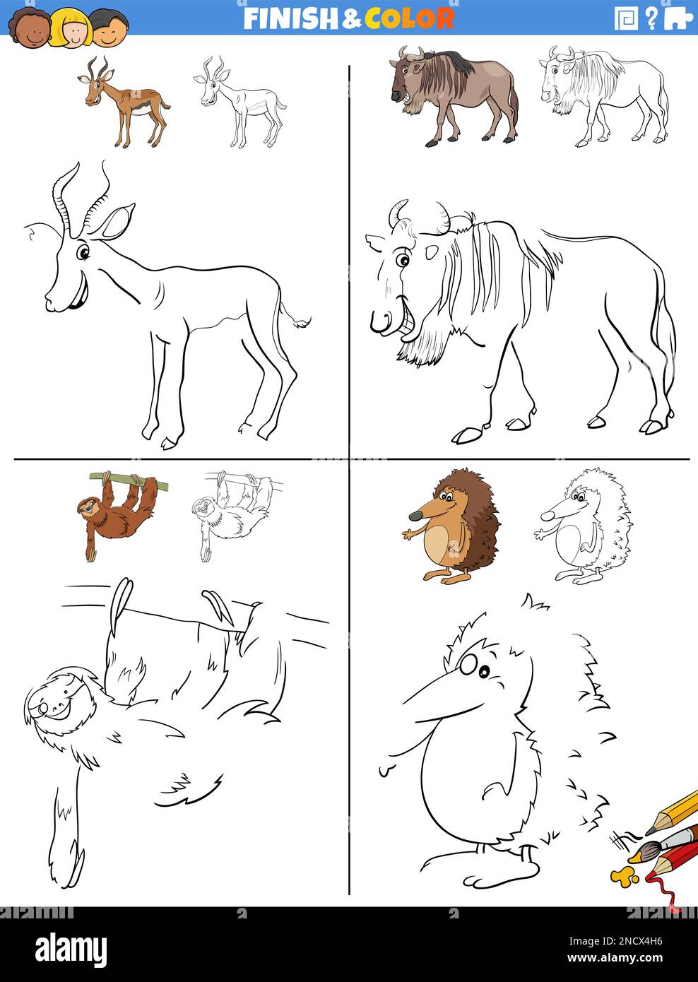 Cartoon illustration of drawing and coloring educational worksheets set ...