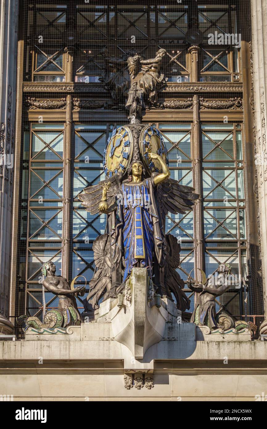 The clock and statue of The Queen of Time (Gilbert Bayes, 1931) over ...