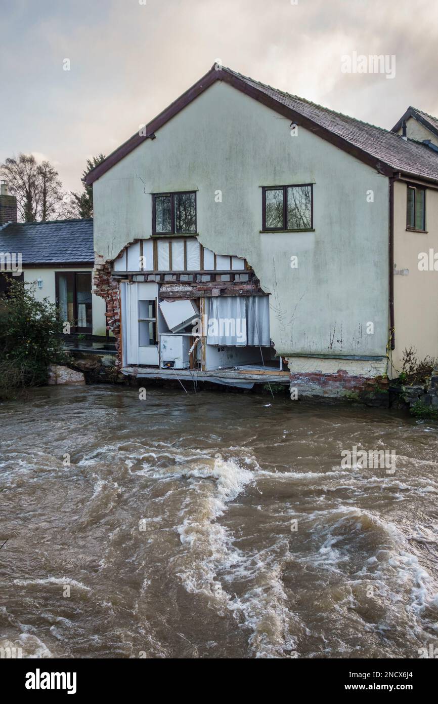 Presteigne, Powys. An old house with its foundations washed away by the ...