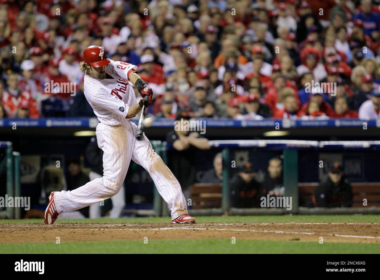 Philadelphia Phillies' Jayson Werth hits a single during the eighth ...