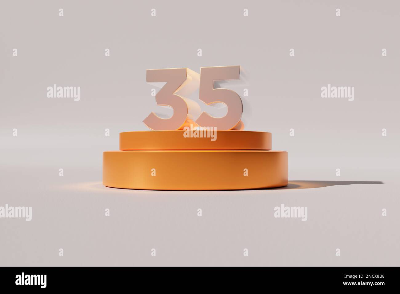 A 3d rendered number 35 on golden round-shaped flat stage on a gray ...