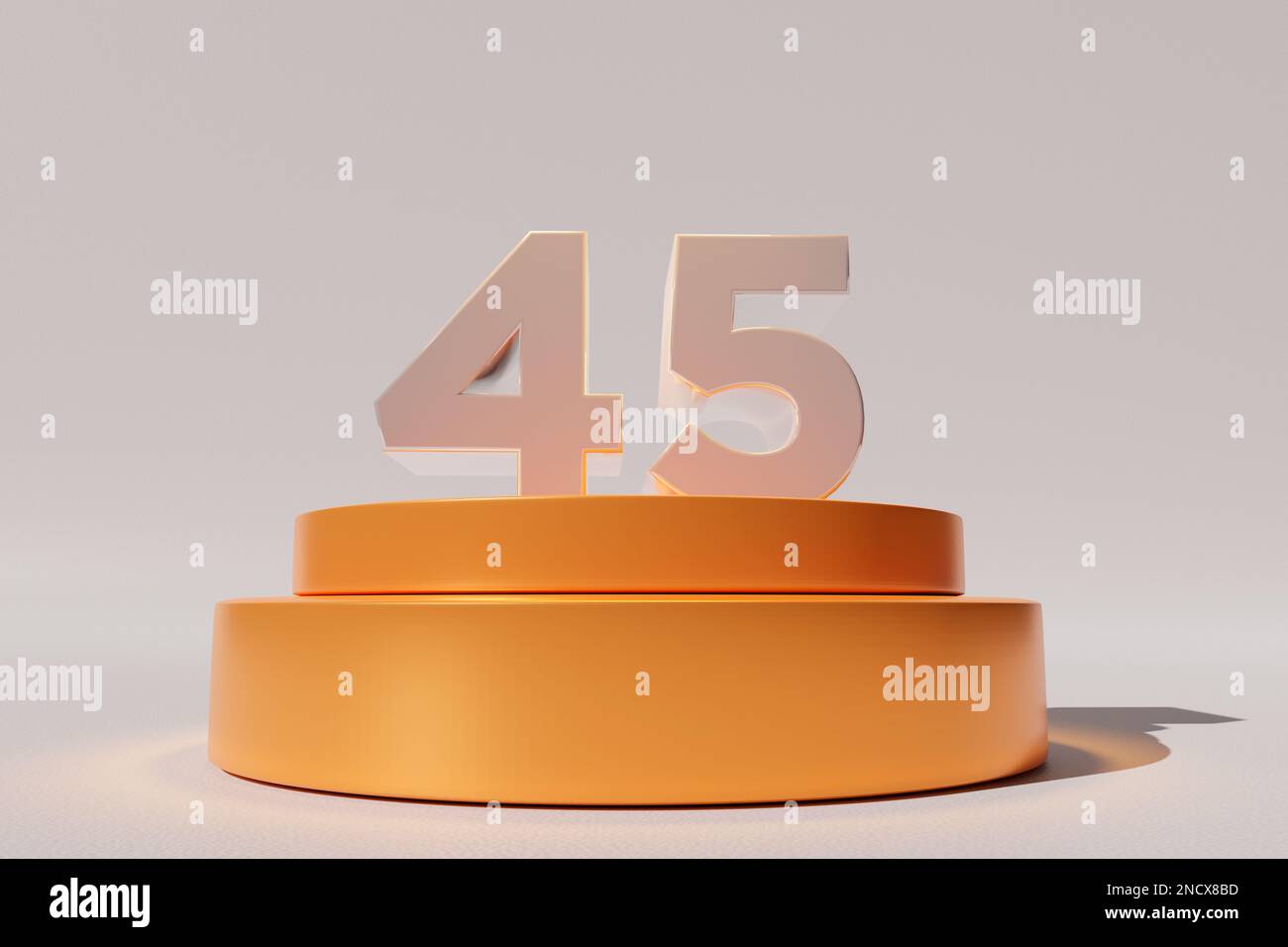 A 3d rendered number 45 on golden round-shaped flat stage on a gray ...