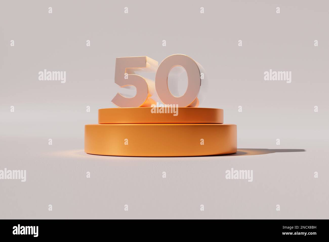 A 3d rendered number 50 on golden round-shaped flat stage on a gray ...