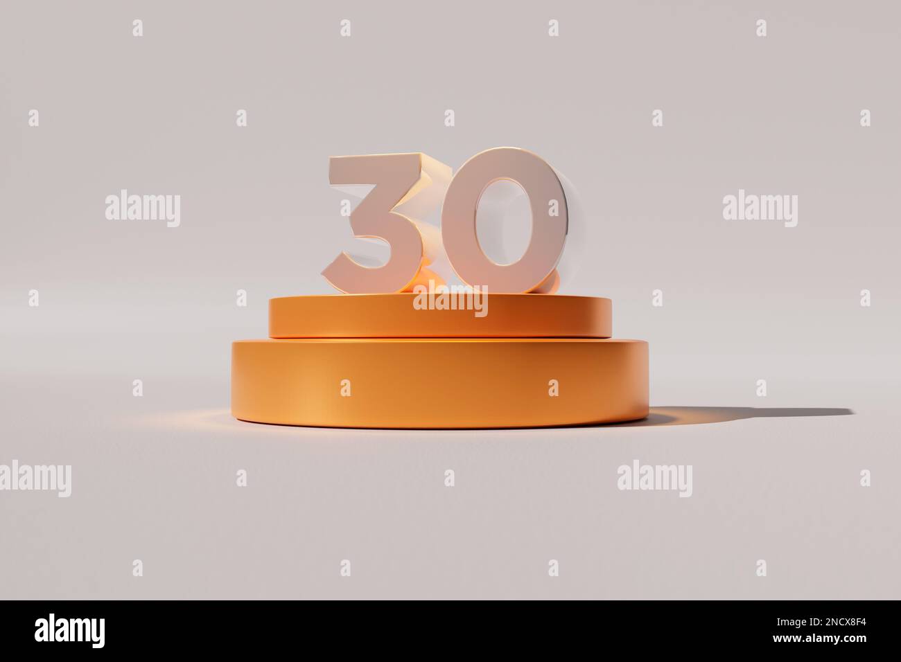 A 3d rendered number 30 on golden round-shaped flat stage on a gray ...