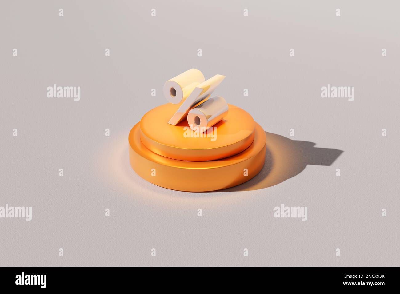 A 3d rendered percentage symbol on golden round-shaped flat stage on a ...