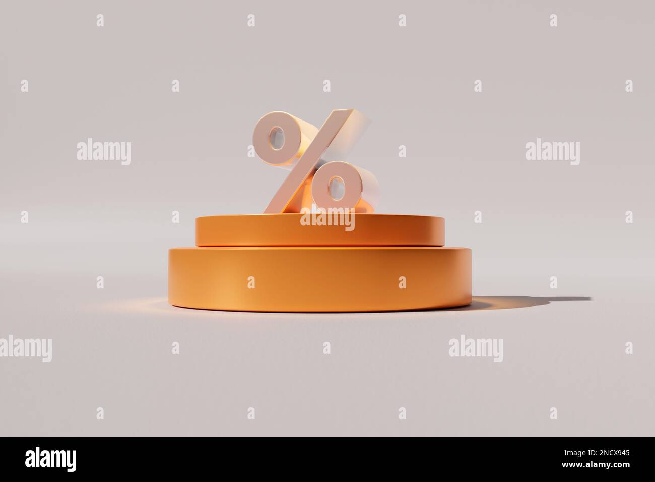 A 3d rendered percentage symbol on golden round-shaped flat stage on a ...